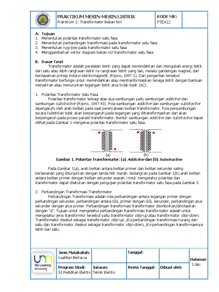 Jobsheet 1 Pengujian Beban Nol Transformator | PDF