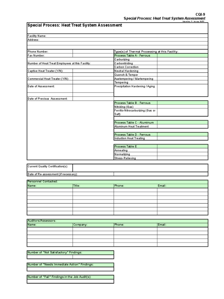 CQI-9 Heat Treat System Assessment Form | Heat Treating | Specification ...