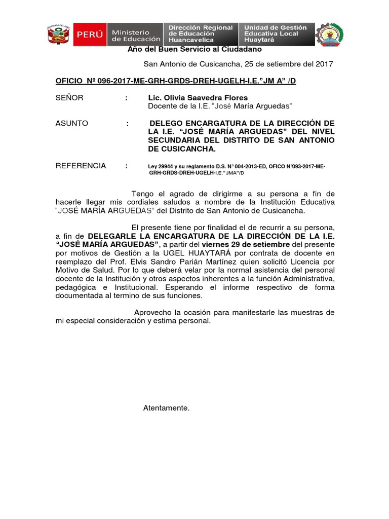 Oficio #096-2017 Delego Encargatura de Dirección | PDF