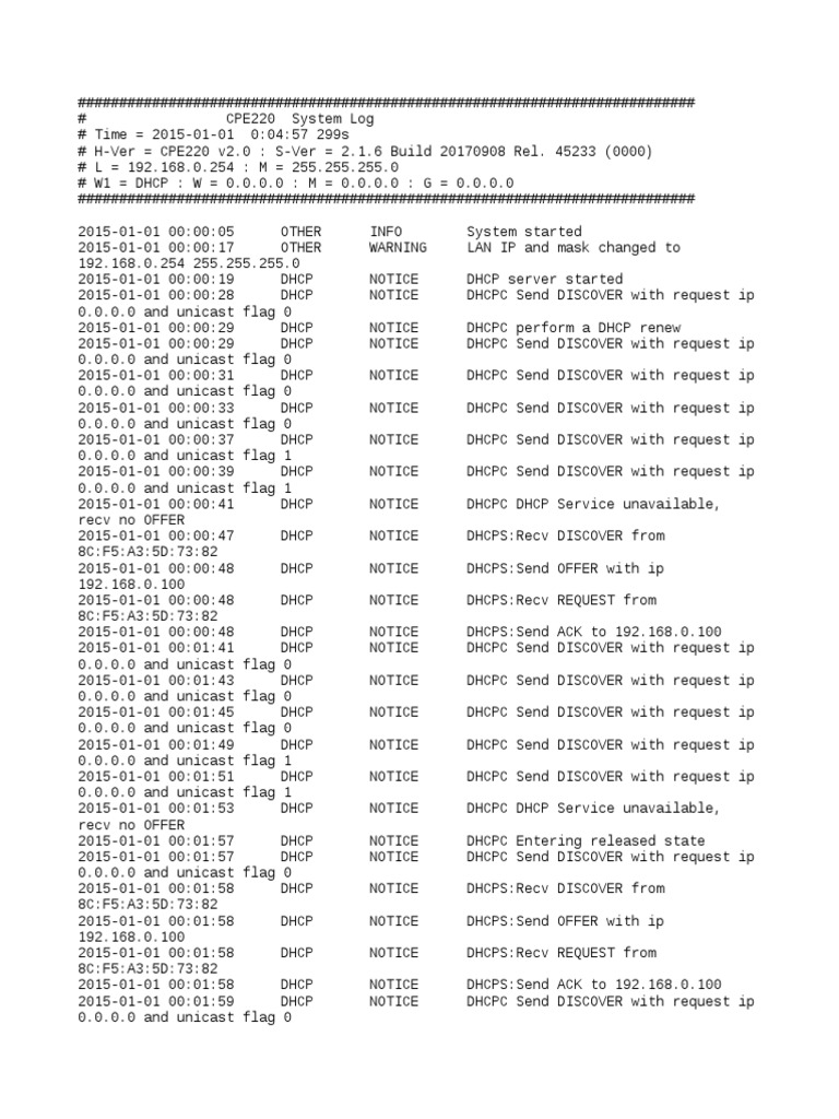CPE220 System Log DHCP Activity | PDF | Networking Standards | Wide ...