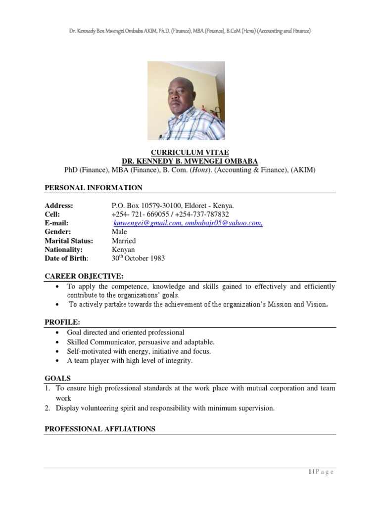 Dr. Ombaba B. Mwengei Kennedy Curriculum Vitae | PDF | Kenya ...