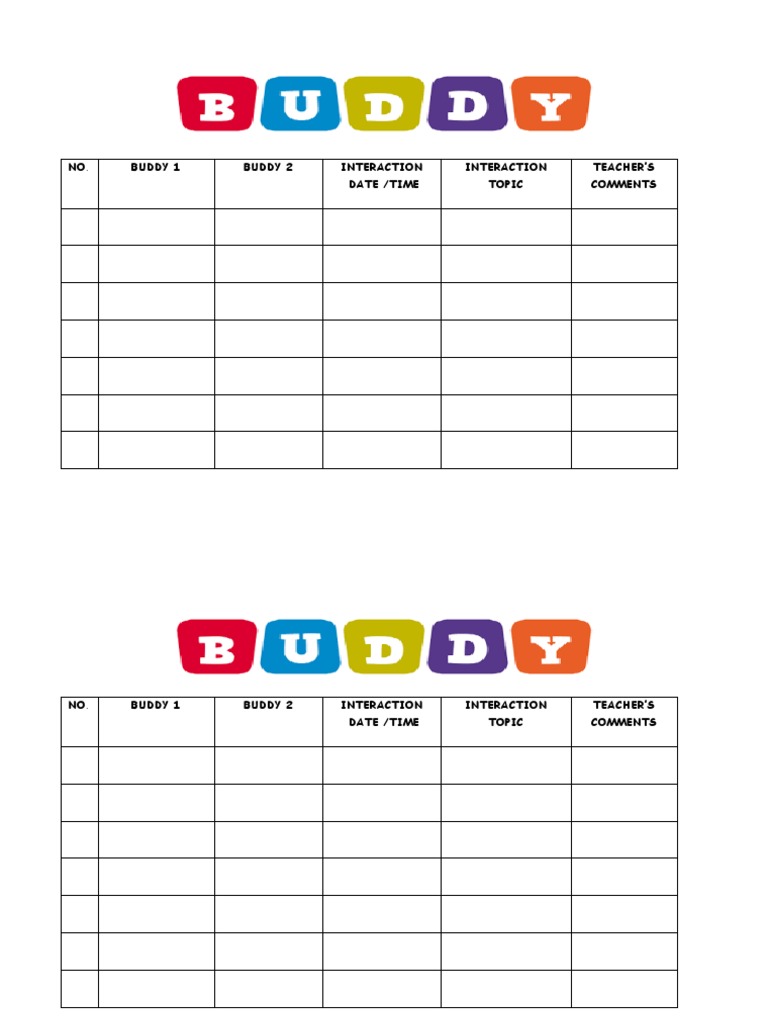 NO. Buddy 1 Buddy 2 Interaction Date /time Interaction Topic Teacher'S ...