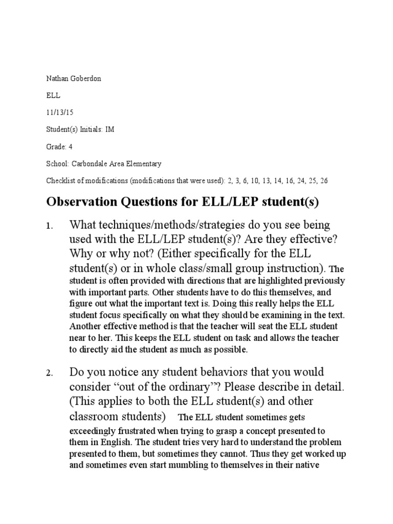 ELL Student Observation and Strategies | PDF | Classroom | Teachers