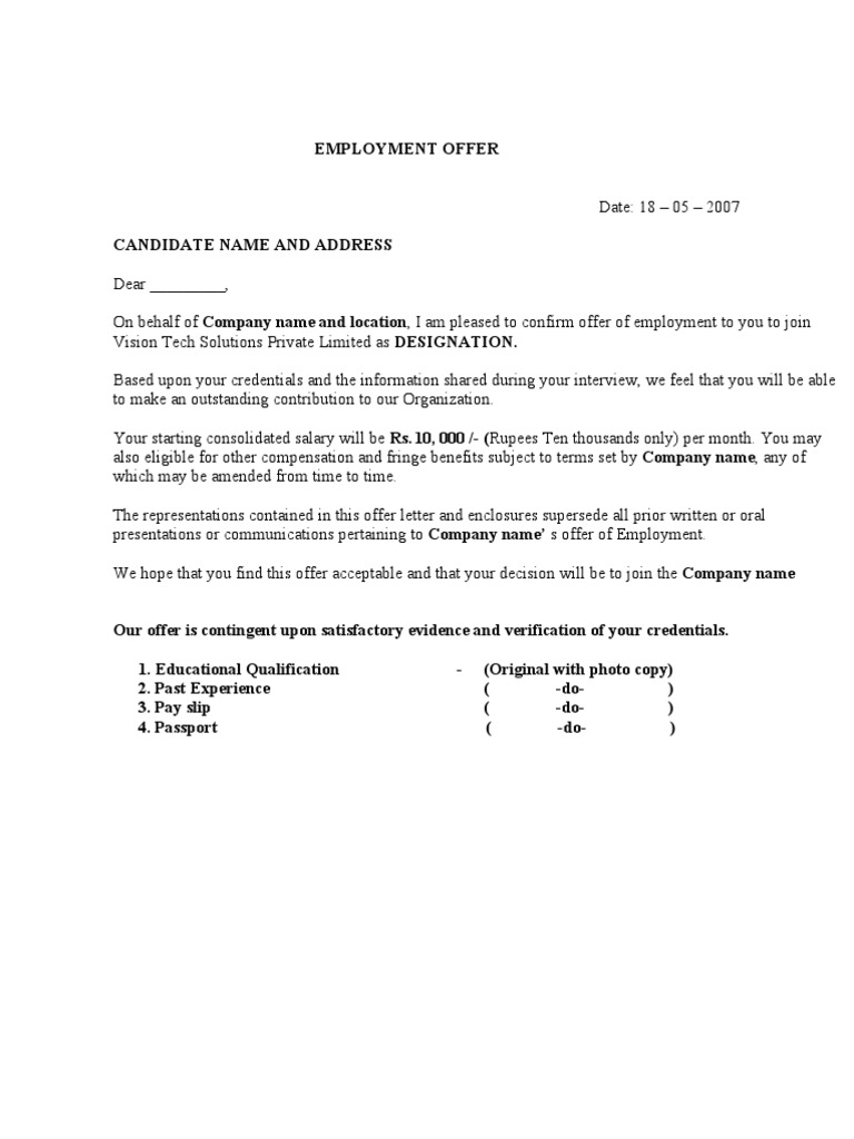 Offer Letter Sample - 1 | PDF | Employment | Labour