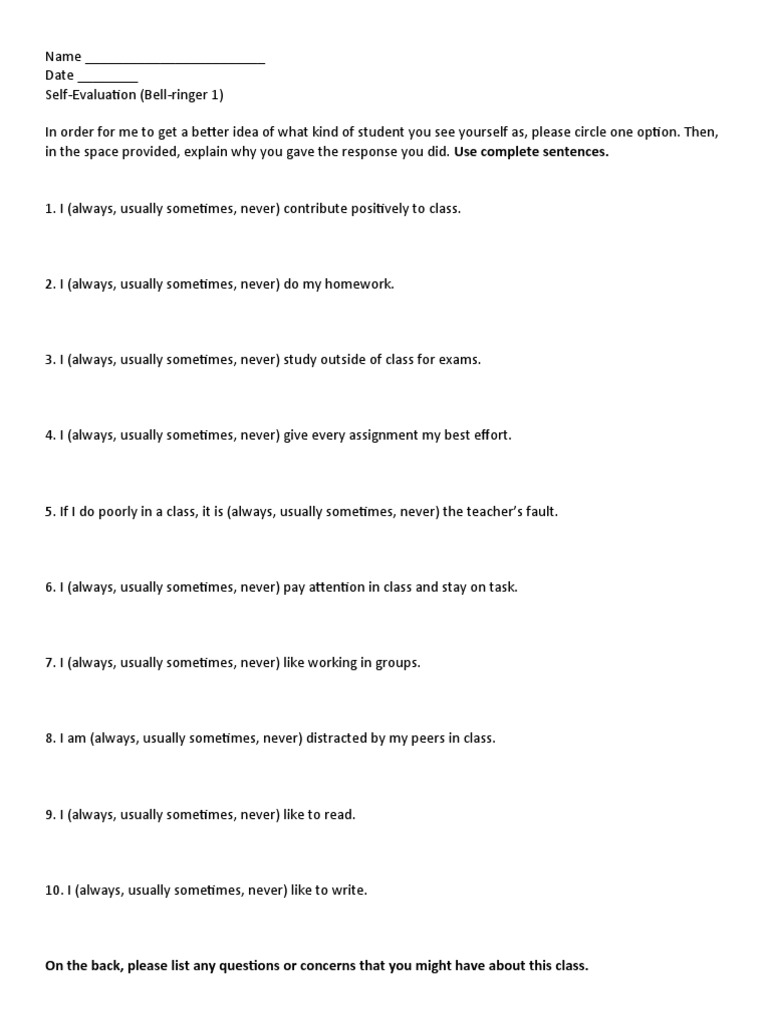 Student Self-Evaluation Questionnaire | PDF | Language Arts ...