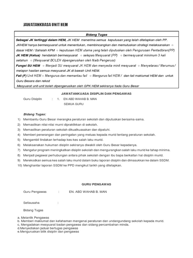 Bidang Tugas Unit Hem | PDF