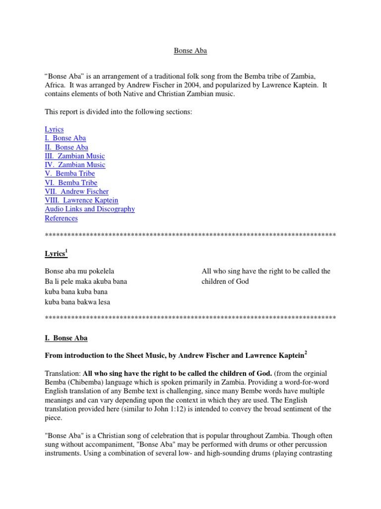 Bonse Aba | PDF | Zambia | Performing Arts