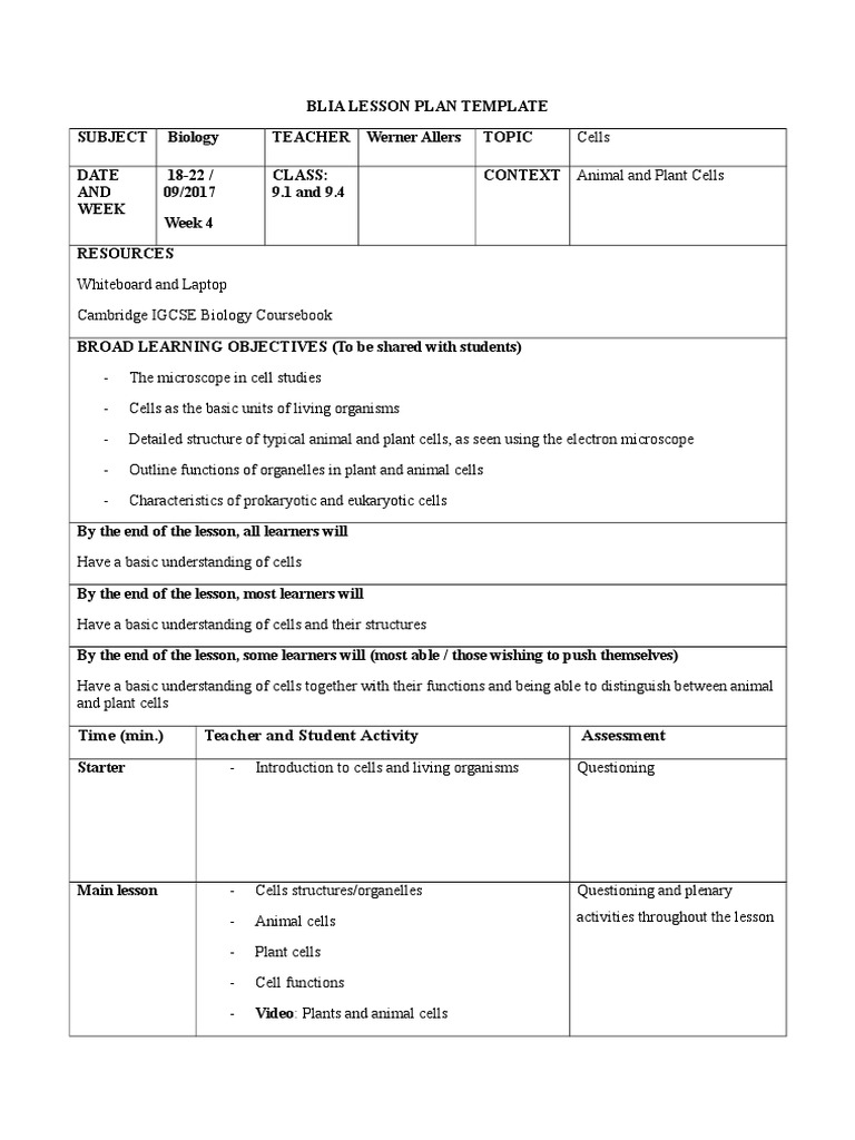 Lesson Plan On Cell Structure