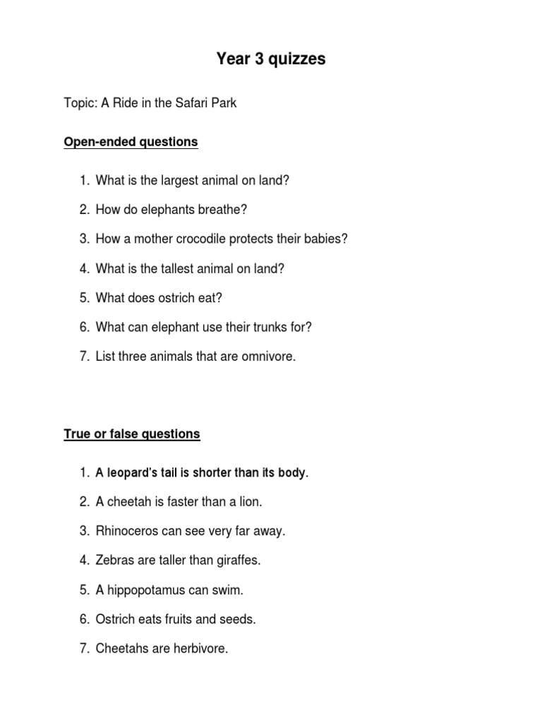 Year 3 Quizzes: Open-Ended Questions | PDF | Wellness | Science ...