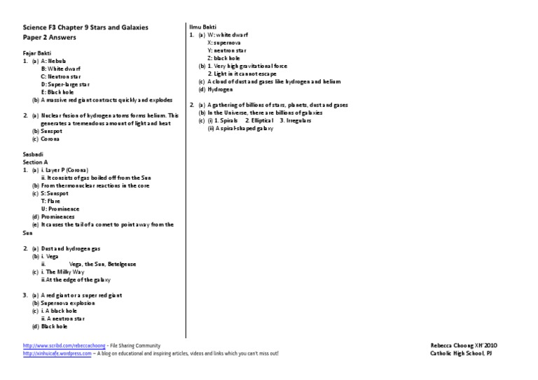 Science F3 Chapter 9 Stars and Galaxies-Paper 2 Answers | PDF