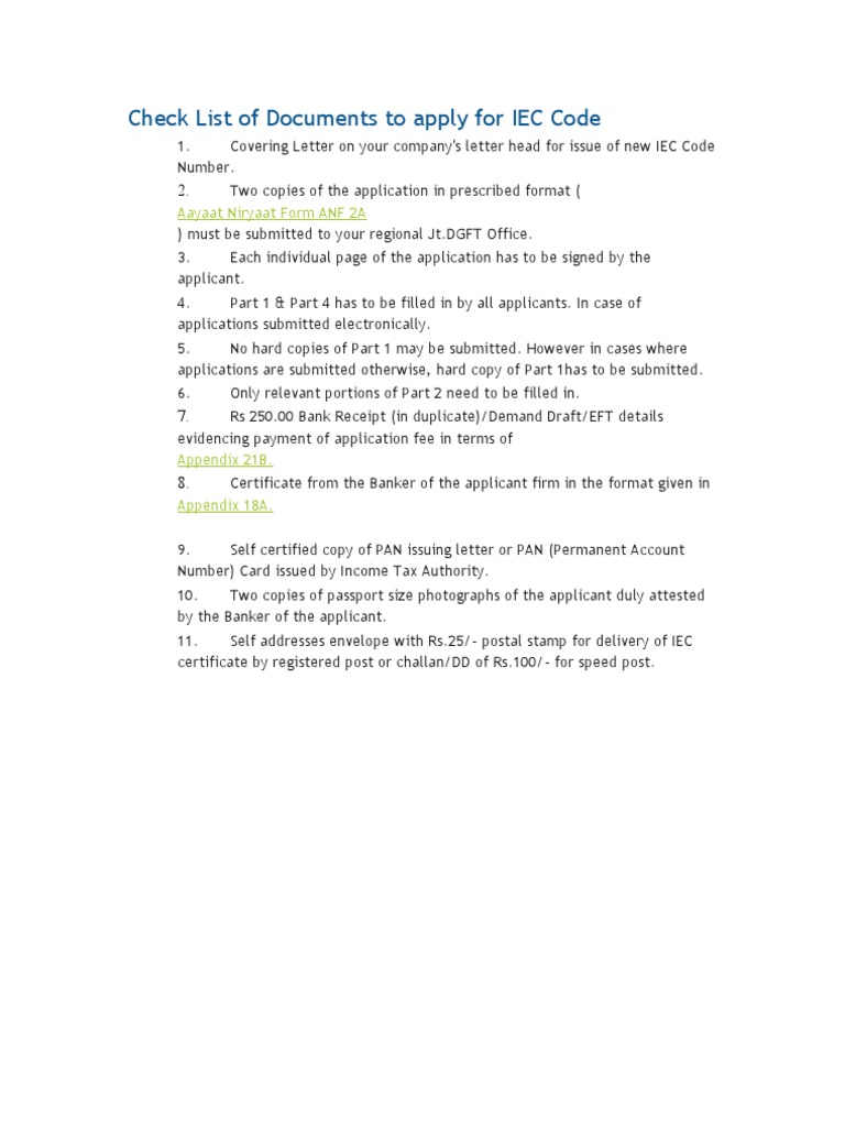 Check List of Documents To Apply For IEC Code: Aayaat Niryaat Form ANF 2A | PDF