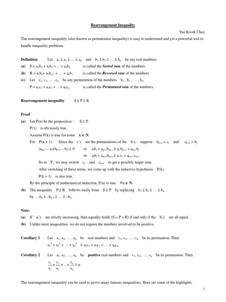 Rearrangement Inequality | PDF | Mathematical Objects | Mathematical Concepts