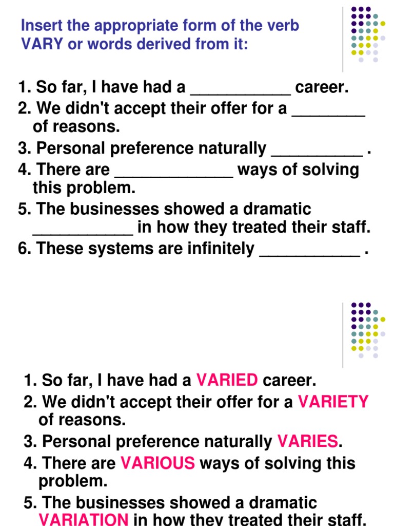 Insert The Appropriate Form of The Verb VARY or Words Derived From It ...