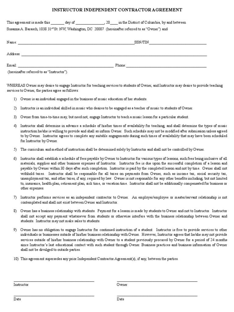 Instructor Independent Contractor Agreement | PDF | Independent Contractor | Employment
