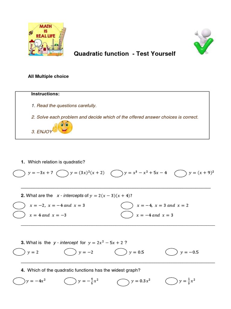 Quadratic Function Test | PDF | Quadratic Equation | Mathematical Relations