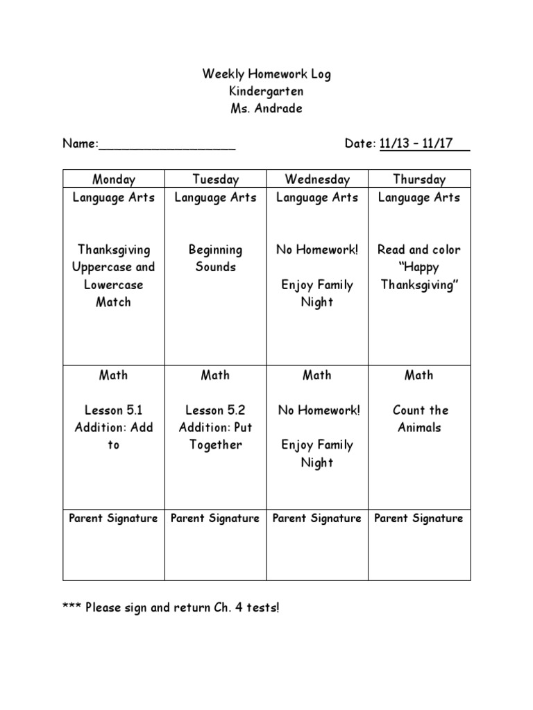 Kindergarten Homework Log | PDF