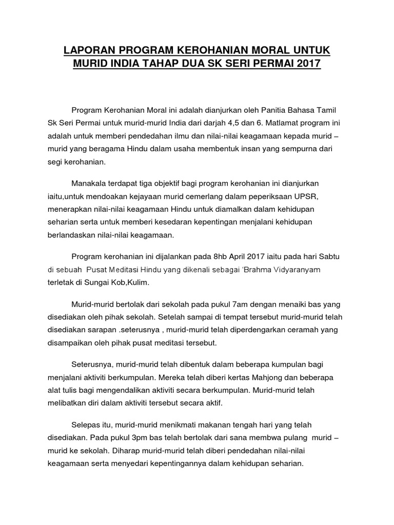 Laporan Program Kerohanian Moral Untuk Murid India Tahap Dua SK Seri ...