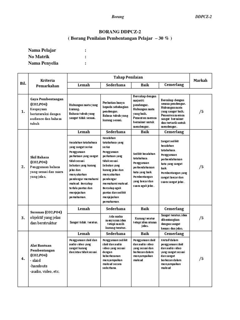 Borang Penilaian Pembentangan Pelajar-IT Dan Multimedia | PDF