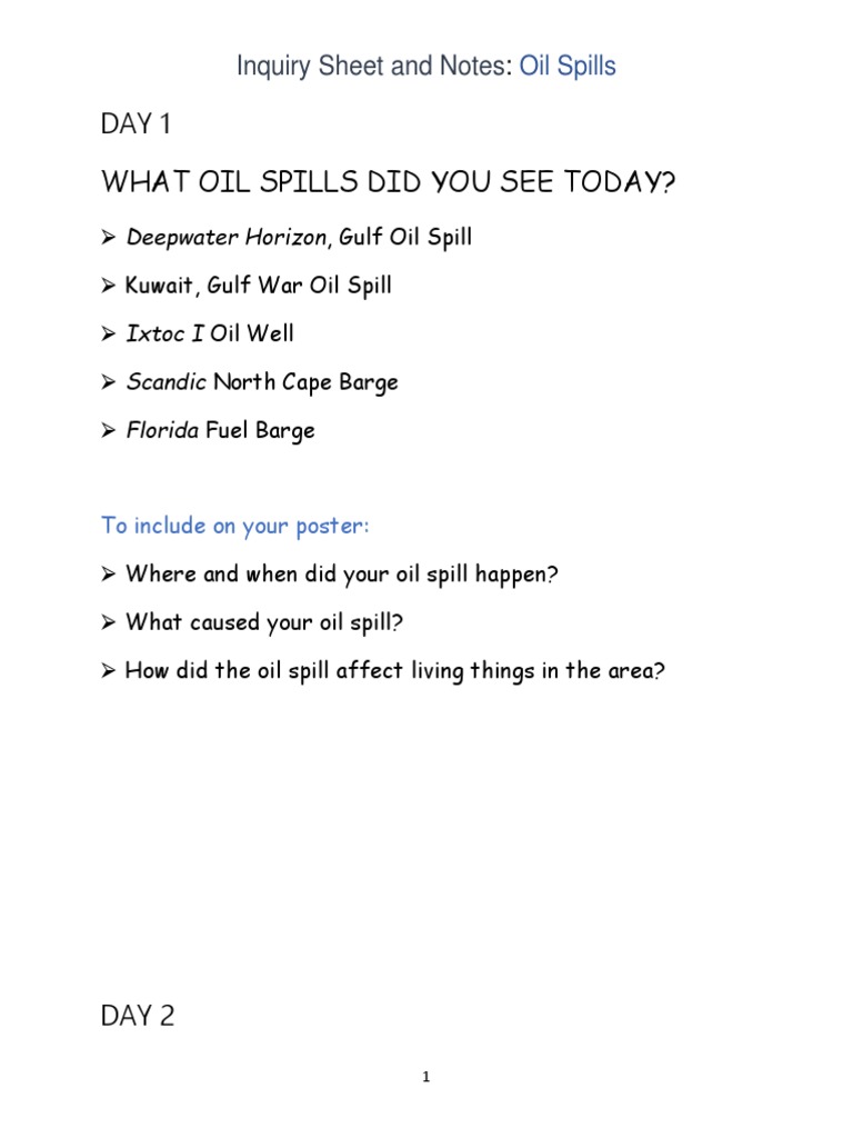 Inquiry Sheet Oil Spills | PDF