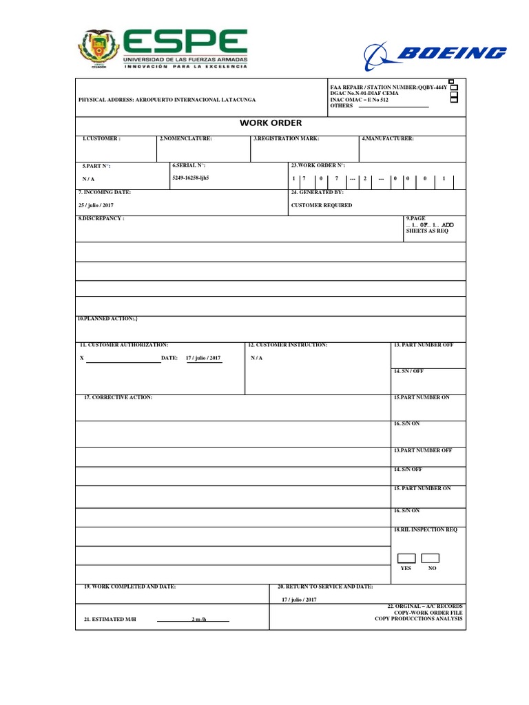 Maintenance Work Order for Aircraft Registration Mark N/A at Repair ...