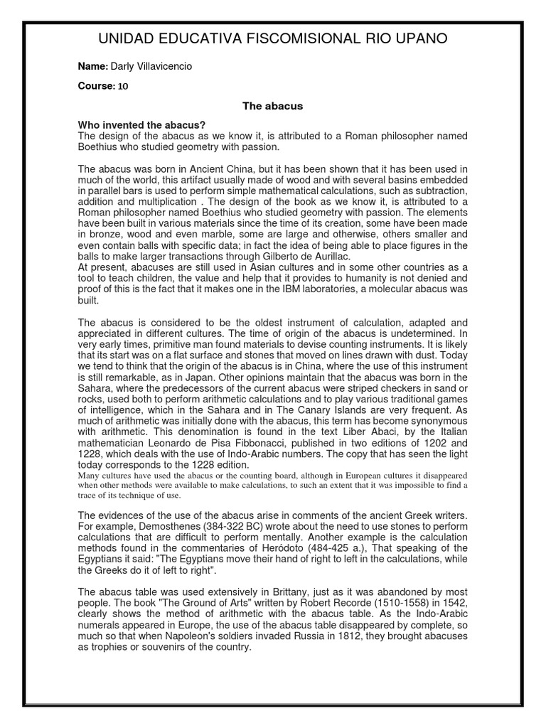 Unidad Educativa Fiscomisional Rio Upano: Who Invented The Abacus? | PDF | Arithmetic | Teaching ...