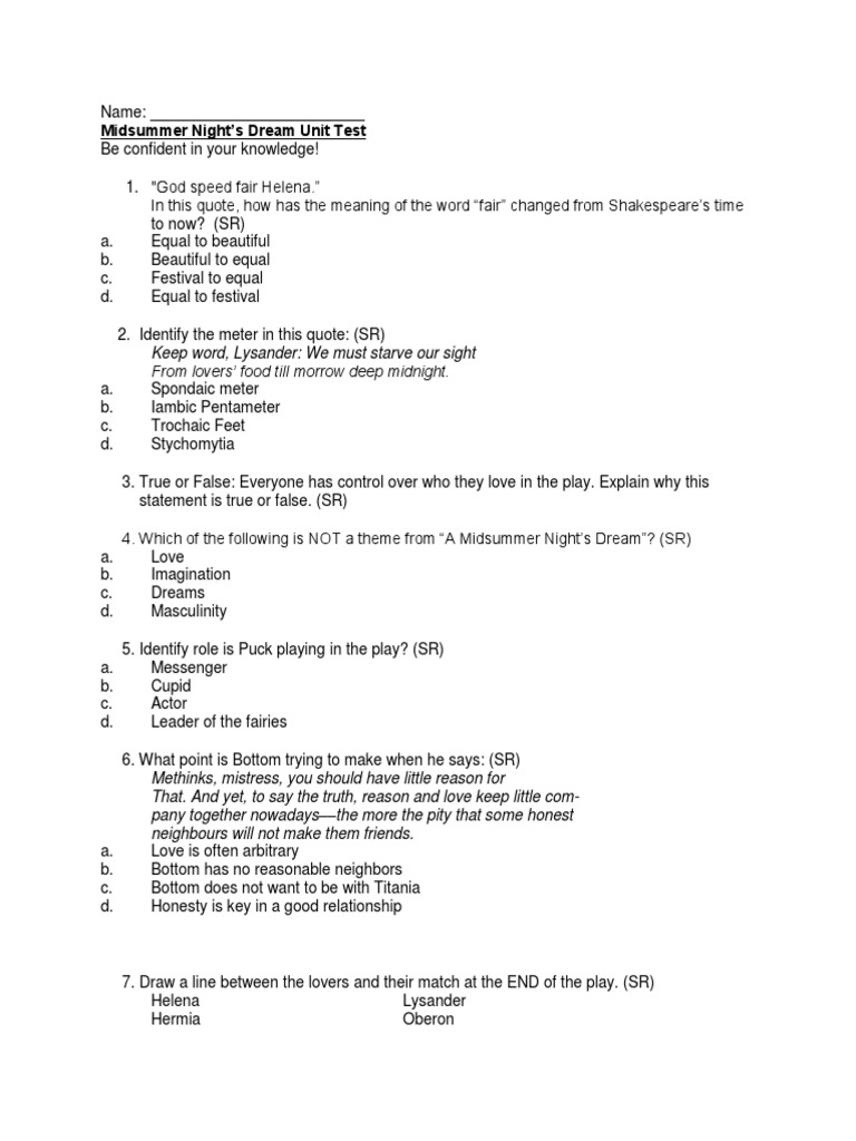 Summative Assessment For A Midsummer Nights Dream | PDF | A Midsummer ...