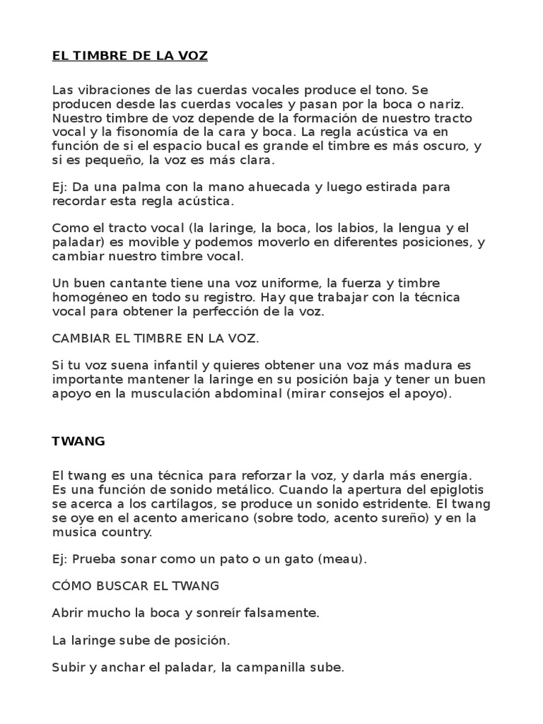 Tipos y técnicas del timbre de voz | PDF | Vocal | Canto
