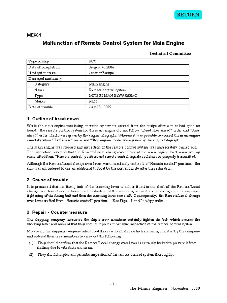 Malfunction of Remote Control System For Main Engine: Return | PDF ...