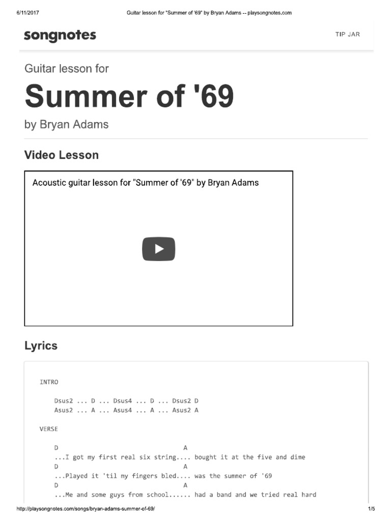 Guitar Lesson For - Summer of '69 - by Bryan Adams - Playsongnotes | PDF