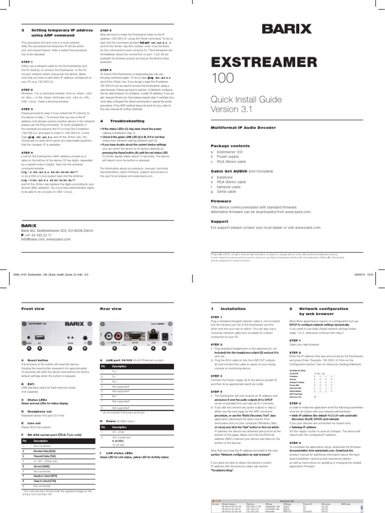 Barix Exstreamer 100 Quick Install Guide 31 | Electrical Connector ...