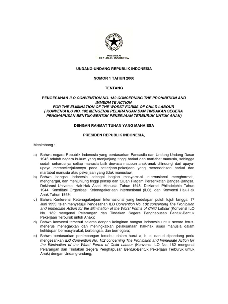 Undang Undang Republik Indonesia Nomor 1 Tahun 2000 Tentang Konvensi Ilo No. 182 Mengenai ...
