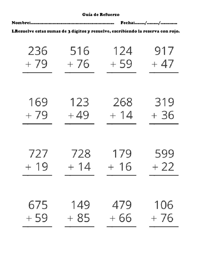 Guía de Refuerzo Sumas y Restas 3 Digitos | PDF