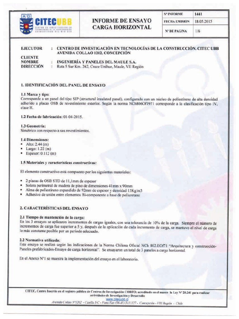Informe CITEC UBB N°1441 - Ensayo Carga Horizontal Panel 114 MM | PDF
