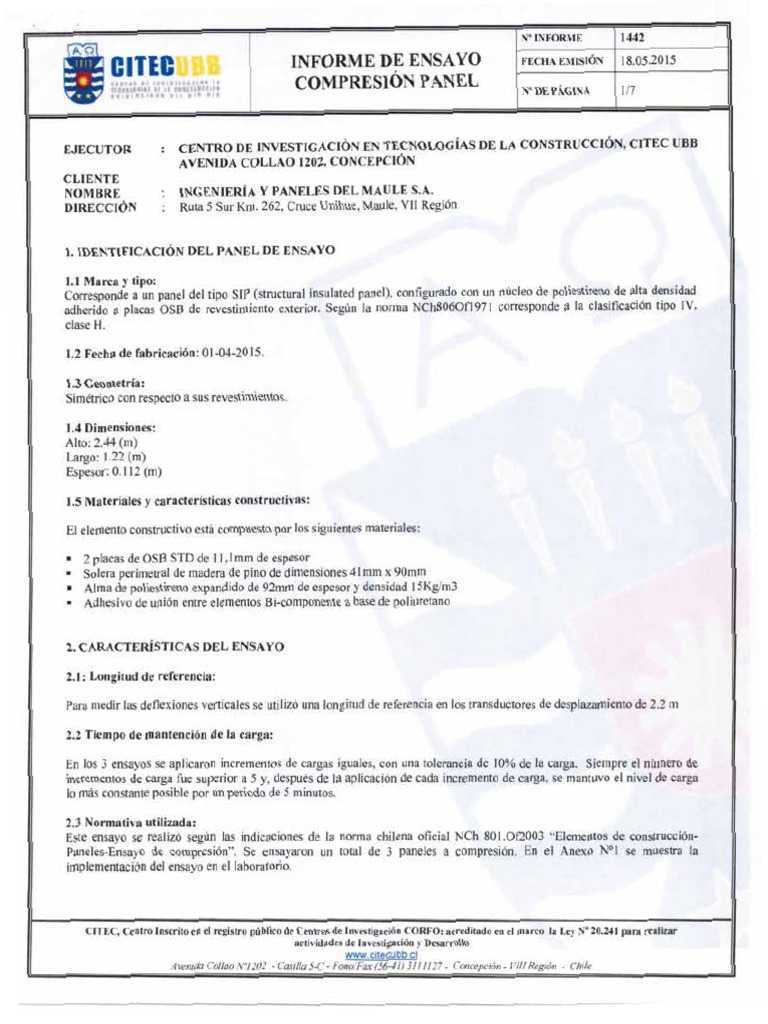 Informe CITEC UBB N°1442 - Ensayo Compresión Panel 114 mm | PDF