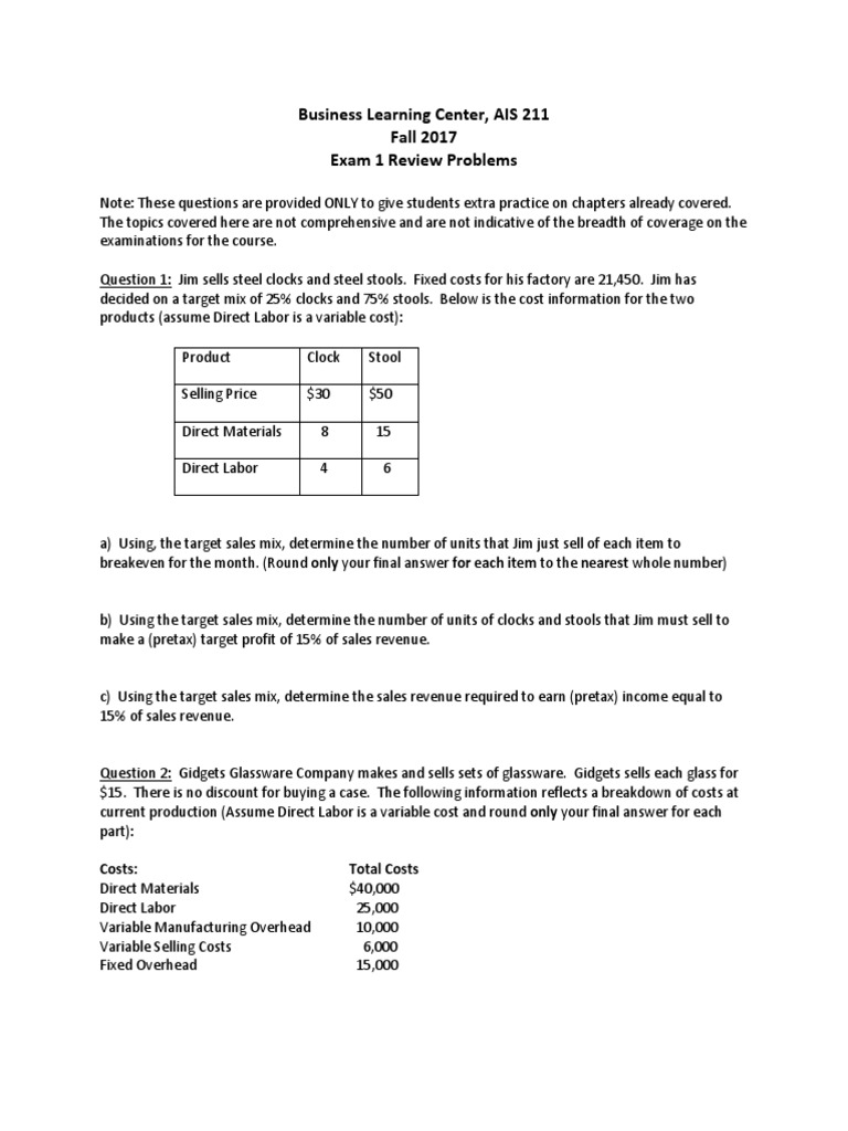 Exam 1 Review Problems | PDF | Revenue | Cost