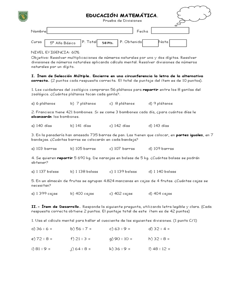 Prueba de Divisiones 6° Básico | PDF | Enseñanza de matemática | Science