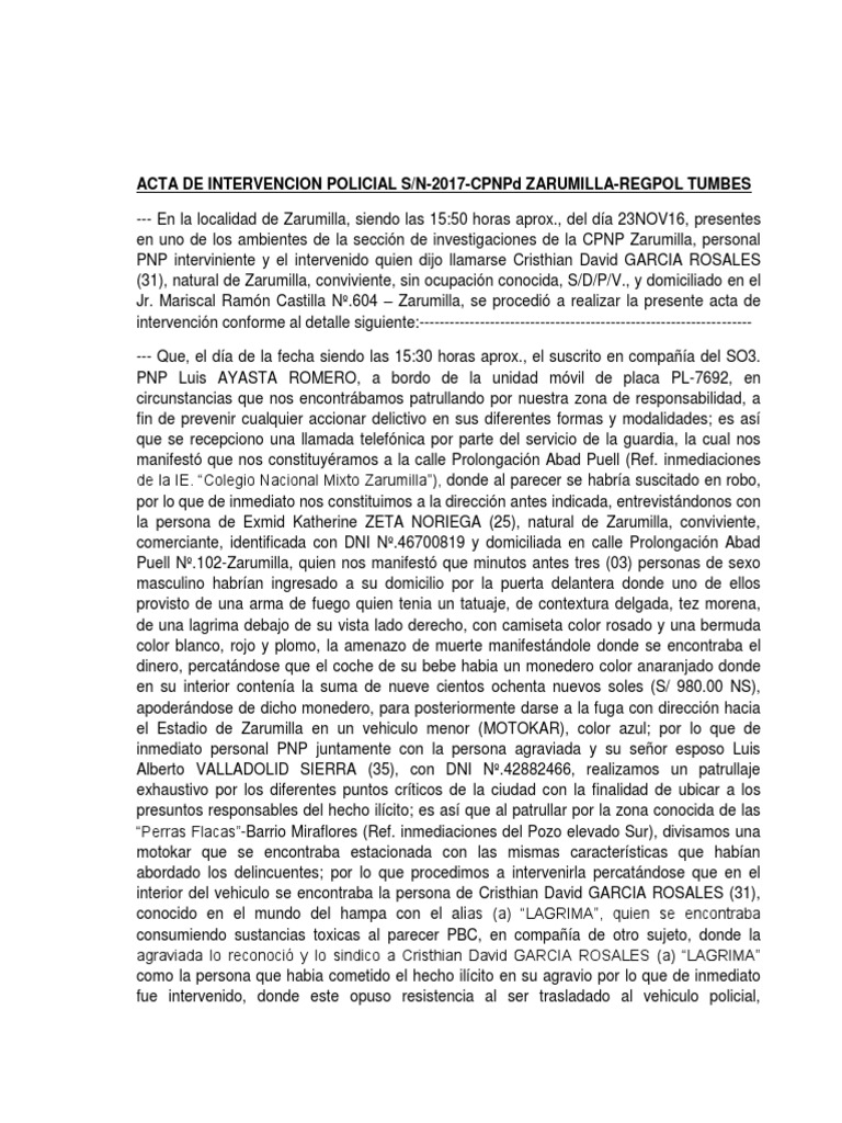 Acta de Intervencion Policial Peru | PDF | Crimen y violencia | Thriller y crimen