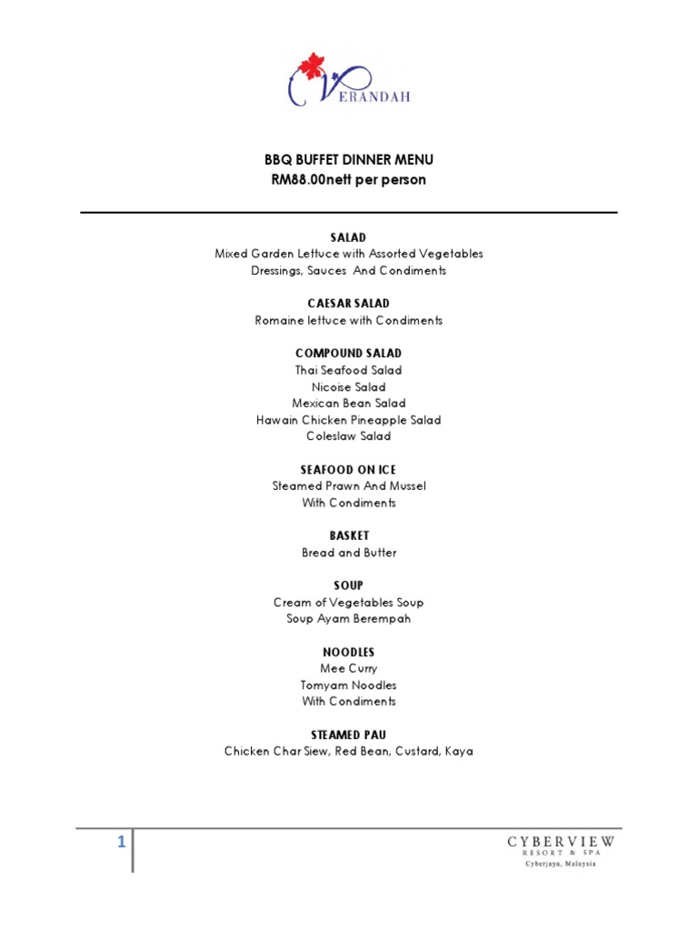 An Extensive BBQ Buffet Dinner Menu Offering a Variety of Salads, Soups ...