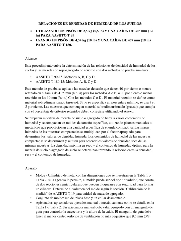Normas Aashto t99-t180 | PDF | Densidad | Humedad