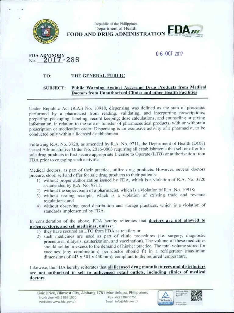 FDA Advisory No. 2017-286