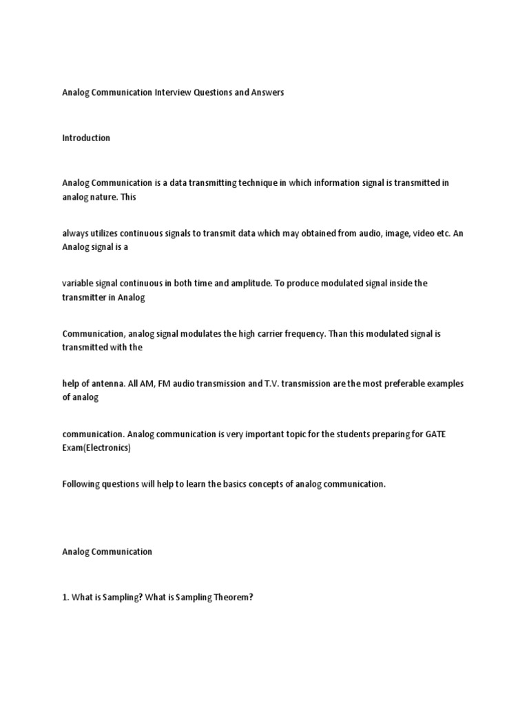 Analog Communication Interview Questions and Answers | PDF | Frequency Modulation | Modulation