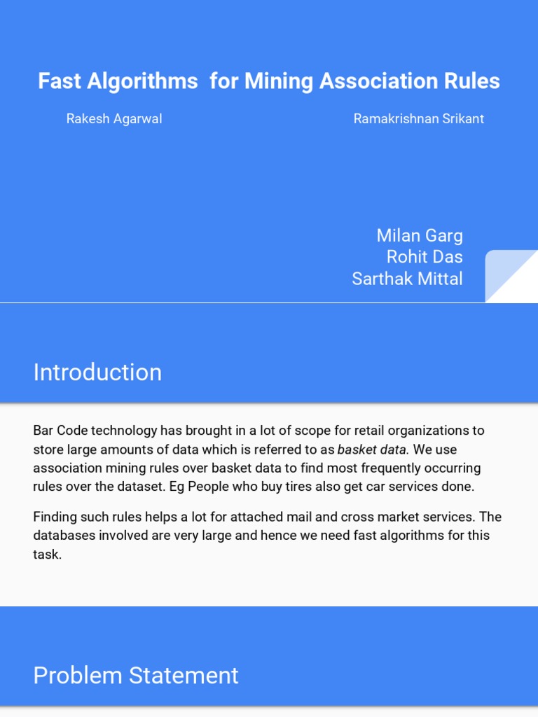 Fast Algorithms For Mining Association Rules Milan Garg Rohit Das Sarthak Mittal Pdf