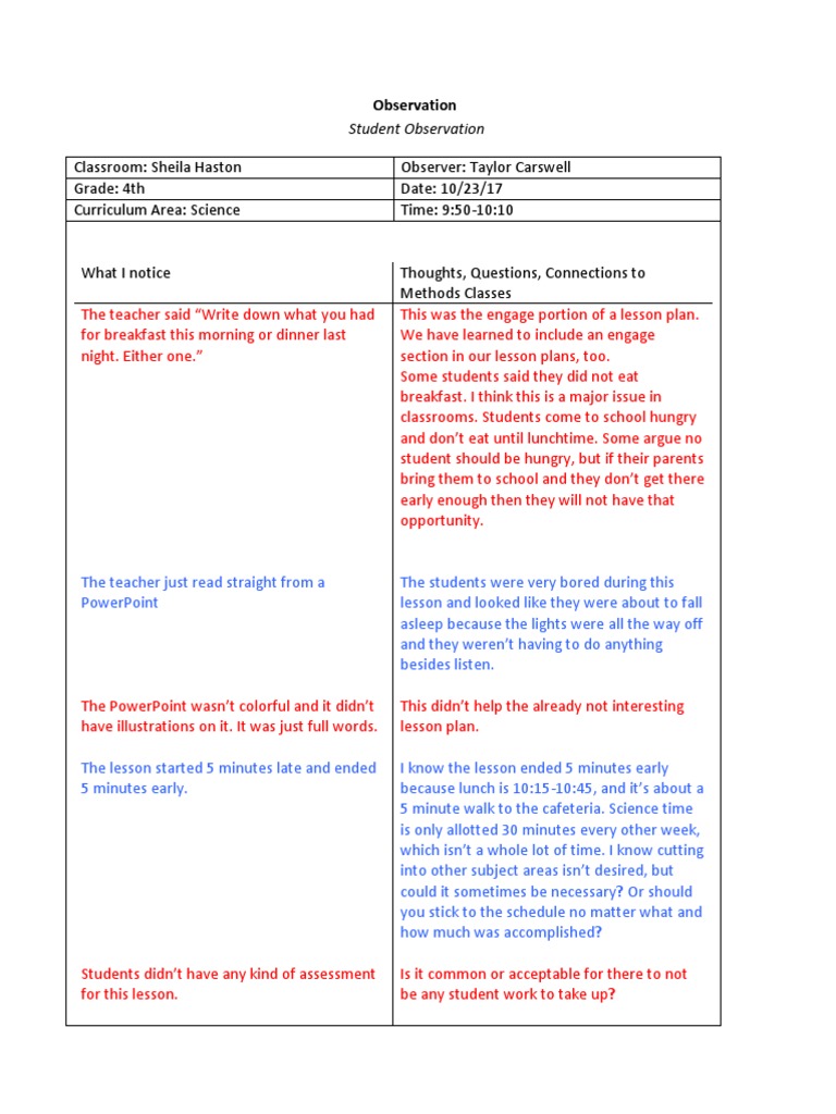 Student Observation Classroom: Sheila Haston Observer: Taylor Carswell ...