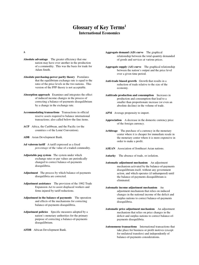 Glossary of Key Terms: International Economics | PDF | Balance Of ...