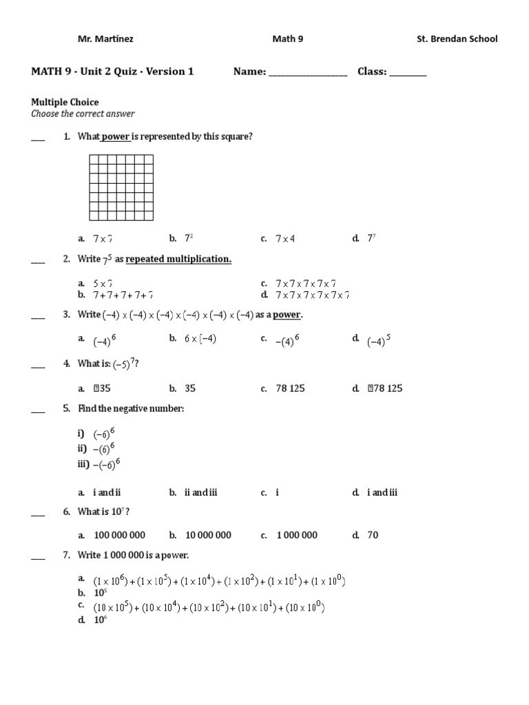 Math 9 Unit 2 Quiz: Powers & Operations | PDF | Exponentiation ...