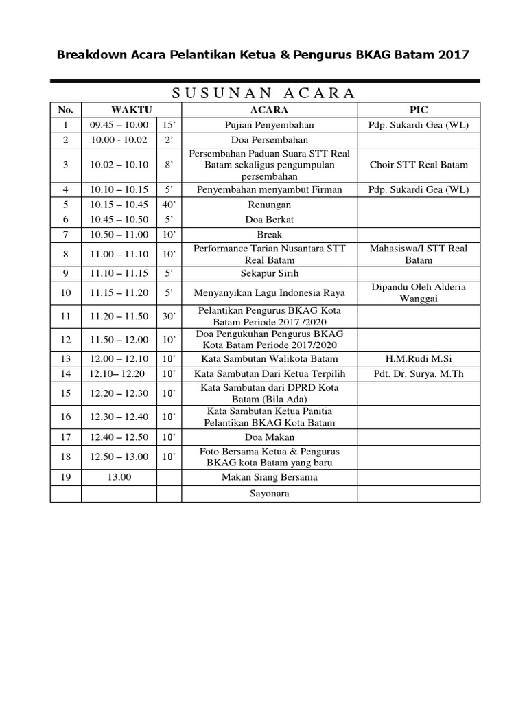 Rundown Acara Pelantikan Pengurus BKAG Batam | PDF