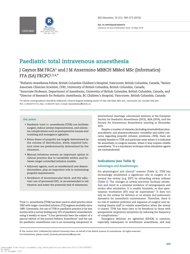 Paediatric Total Intravenous Anaesthesia BJA 2016 | PDF | Anesthesia | Intravenous Therapy