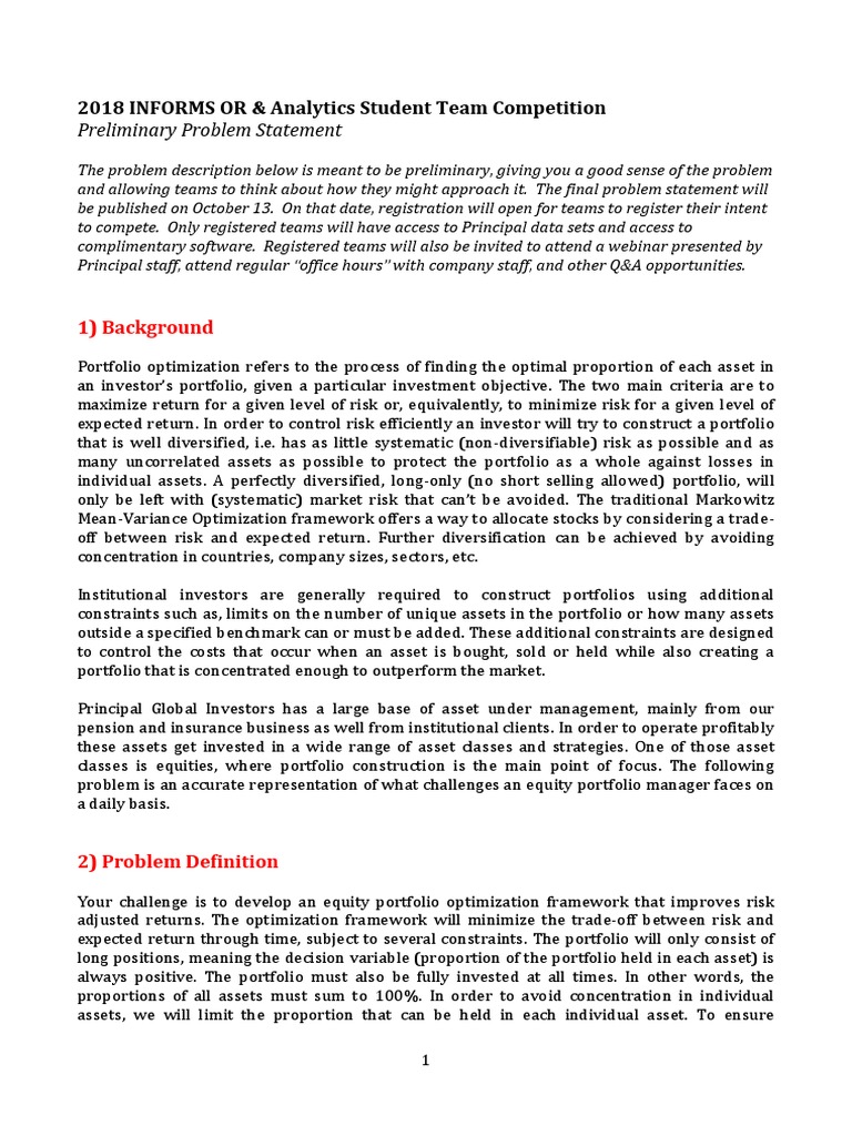 Preliminary Problem Statement 2017 | PDF | Diversification (Finance) | Beta (Finance)