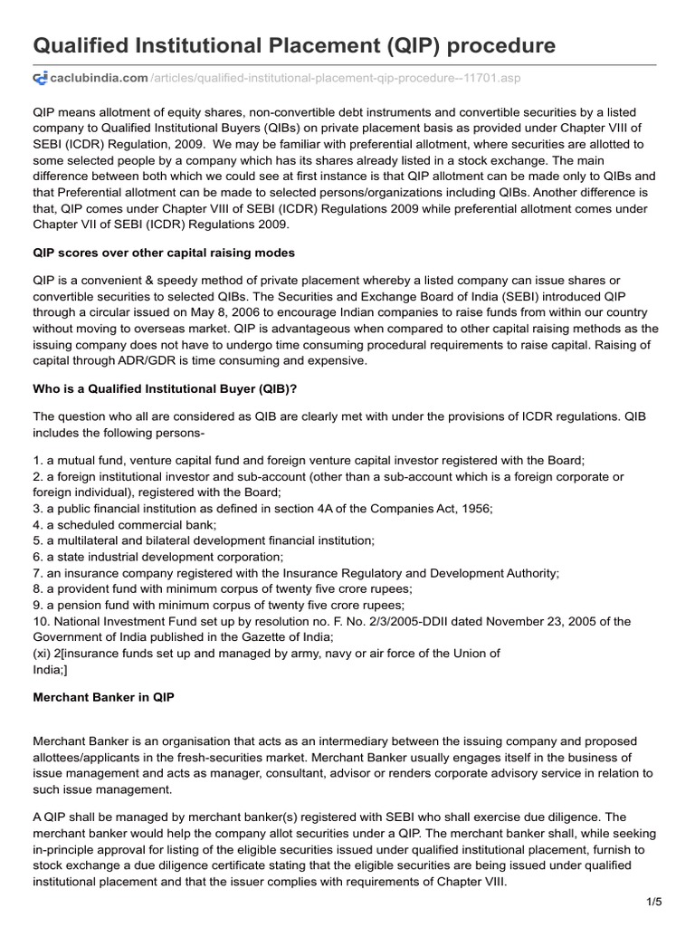 Qualified Institutional Placement QIP Procedure | PDF | Securities ...