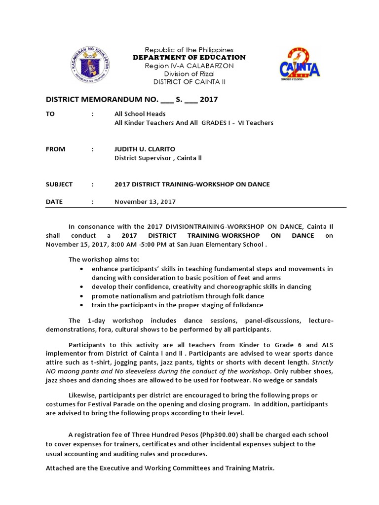 2017 District Memo Dance Seminar Workshop Corrected | PDF | Softlines ...